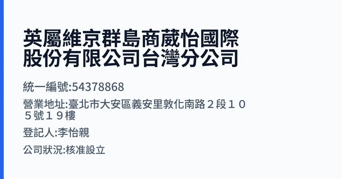 英屬維京群島商葳怡國際股份有限公司台灣分公司 - 統編 54378868(臺北市) 公司登記資料與營業項目詳細圖表