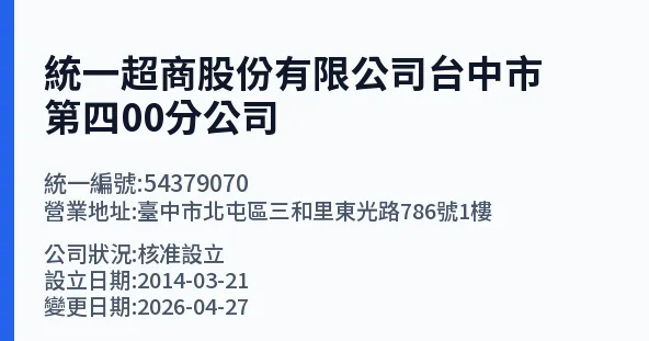統一超商股份有限公司台中市第四00分公司的照片-統編 54379070(臺中市) 公司登記資料與營業項目詳細圖表
