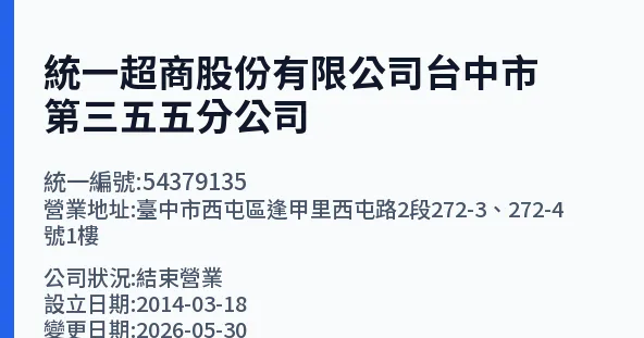 統一超商股份有限公司台中市第三五五分公司的照片-統編 54379135(臺中市) 公司登記資料與營業項目詳細圖表