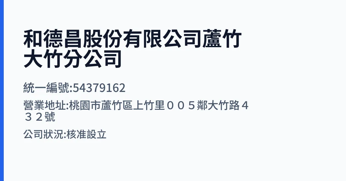 和德昌股份有限公司蘆竹大竹分公司 - 統編 54379162(桃園市) 公司登記資料與營業項目詳細圖表