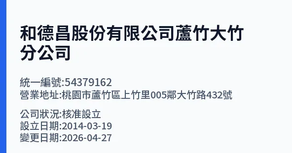 和德昌股份有限公司蘆竹大竹分公司的照片-統編 54379162(桃園市) 公司登記資料與營業項目詳細圖表
