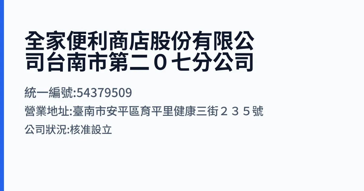全家便利商店股份有限公司台南市第二０七分公司 - 統編 54379509(臺南市) 公司登記資料與營業項目詳細圖表