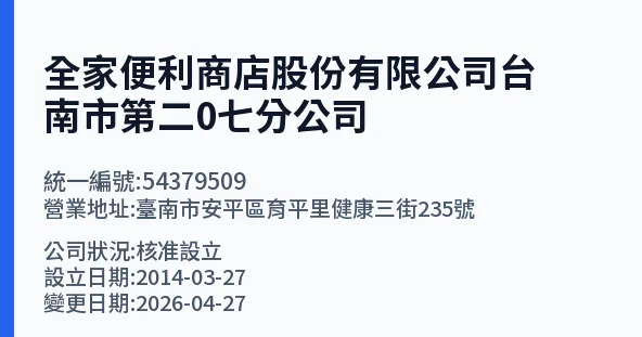 全家便利商店股份有限公司台南市第二0七分公司的照片-統編 54379509(臺南市) 公司登記資料與營業項目詳細圖表