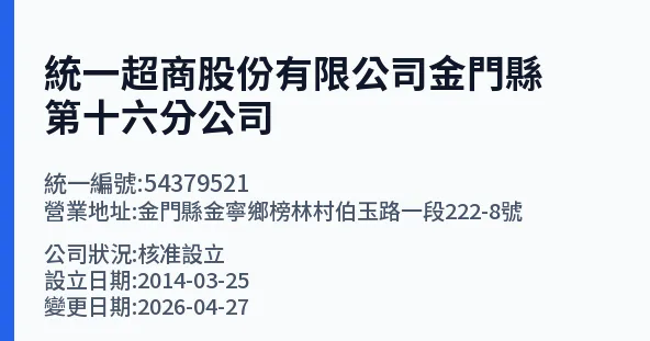 統一超商股份有限公司金門縣第十六分公司的照片-統編 54379521(金門縣) 公司登記資料與營業項目詳細圖表