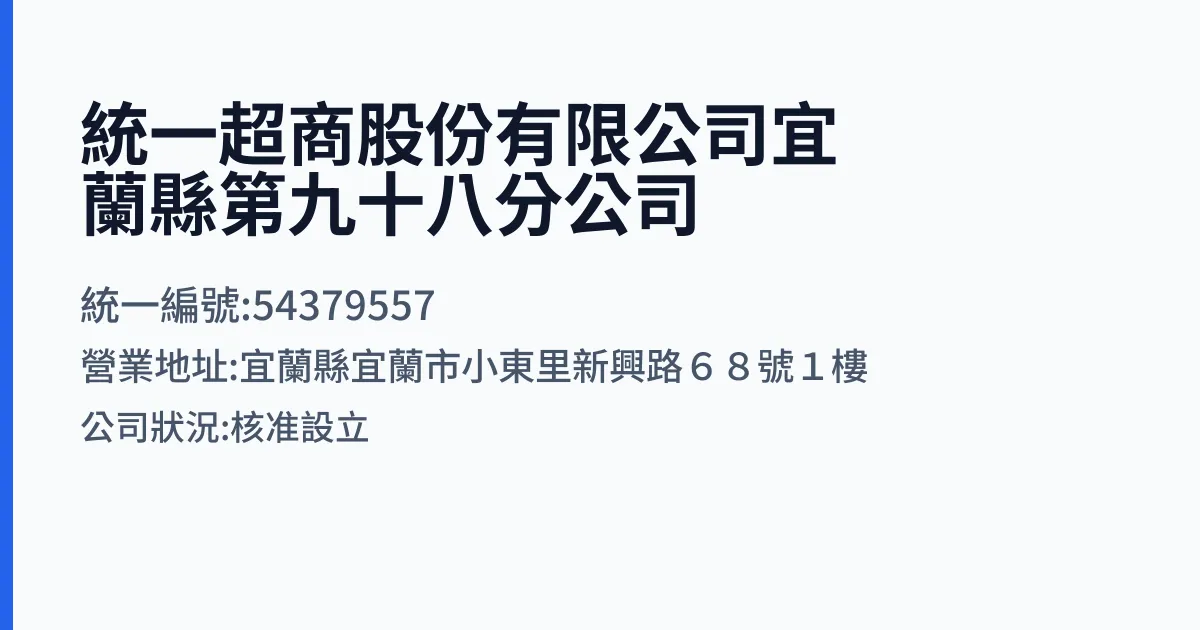 統一超商股份有限公司宜蘭縣第九十八分公司 - 統編 54379557(宜蘭縣) 公司登記資料與營業項目詳細圖表