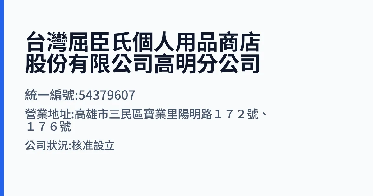 台灣屈臣氏個人用品商店股份有限公司高明分公司 - 統編 54379607(高雄市) 公司登記資料與營業項目詳細圖表