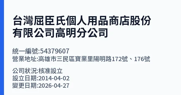 台灣屈臣氏個人用品商店股份有限公司高明分公司的照片-統編 54379607(高雄市) 公司登記資料與營業項目詳細圖表
