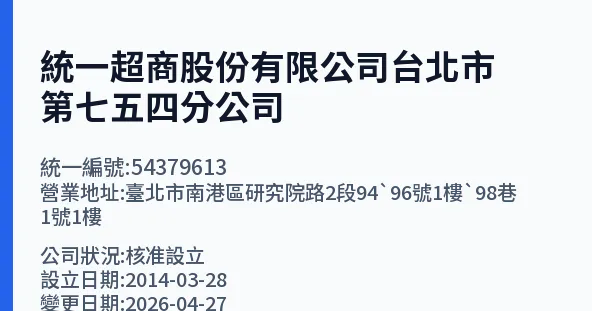 統一超商股份有限公司台北市第七五四分公司的照片-統編 54379613(臺北市) 公司登記資料與營業項目詳細圖表