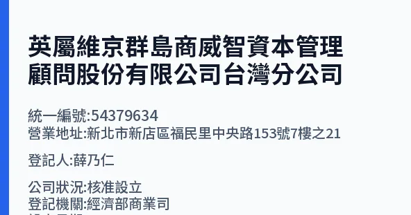 英屬維京群島商威智資本管理顧問股份有限公司台灣分公司的照片-統編 54379634(新北市) 公司登記資料與營業項目詳細圖表