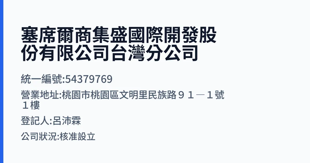 塞席爾商集盛國際開發股份有限公司台灣分公司 - 統編 54379769(桃園市) 公司登記資料與營業項目詳細圖表