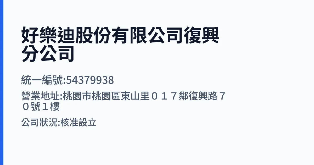 好樂迪股份有限公司復興分公司 - 統編 54379938(桃園市) 公司登記資料與營業項目詳細圖表