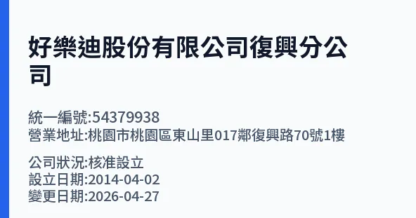 好樂迪股份有限公司復興分公司的照片-統編 54379938(桃園市) 公司登記資料與營業項目詳細圖表