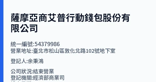 薩摩亞商艾普行動錢包股份有限公司的照片-統編 54379986(臺北市) 公司登記資料與營業項目詳細圖表