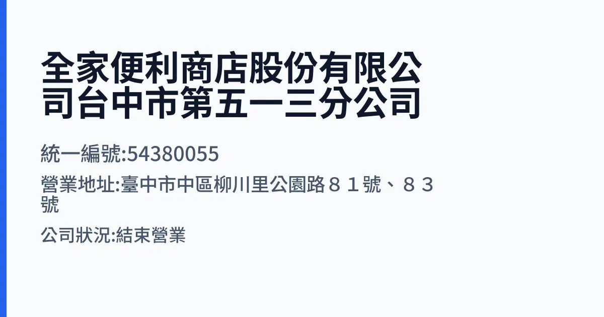 全家便利商店股份有限公司台中市第五一三分公司 - 統編 54380055(臺中市) 公司登記資料與營業項目詳細圖表