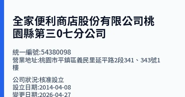 全家便利商店股份有限公司桃園縣第三0七分公司的照片-統編 54380098(桃園市) 公司登記資料與營業項目詳細圖表