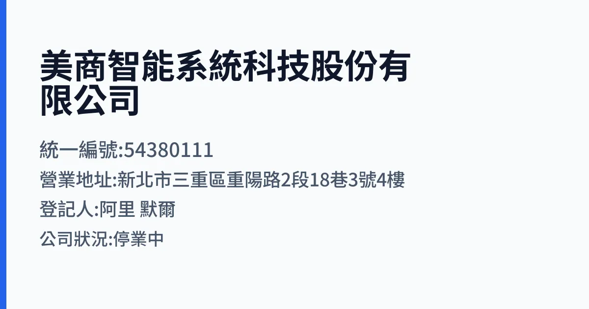 美商智能系統科技股份有限公司 - 統編 54380111(新北市) 公司登記資料與營業項目詳細圖表