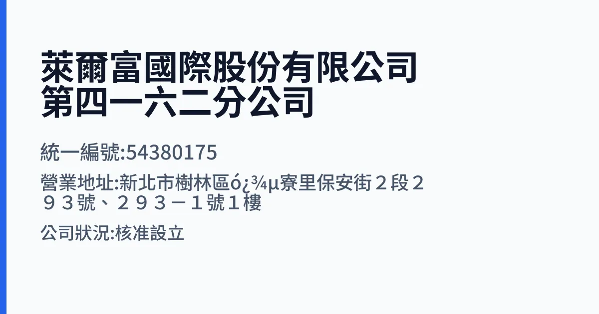 萊爾富國際股份有限公司第四一六二分公司 - 統編 54380175(新北市) 公司登記資料與營業項目詳細圖表