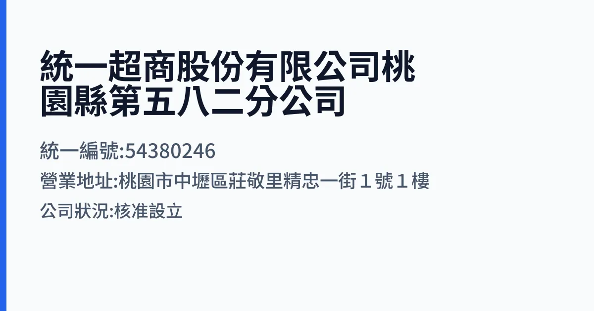 統一超商股份有限公司桃園縣第五八二分公司 - 統編 54380246(桃園市) 公司登記資料與營業項目詳細圖表