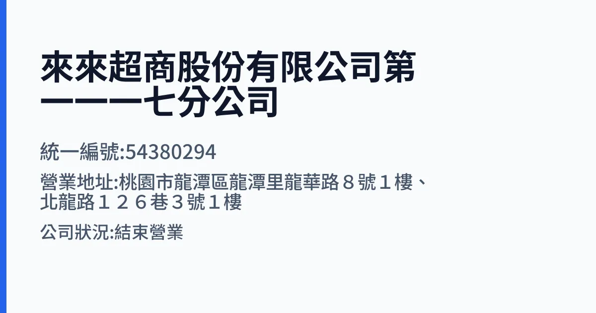 來來超商股份有限公司第一一一七分公司 - 統編 54380294(桃園市) 公司登記資料與營業項目詳細圖表