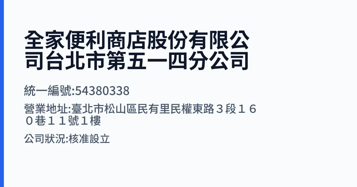 全家便利商店股份有限公司台北市第五一四分公司 - 統編 54380338(臺北市) 公司登記資料與營業項目詳細圖表