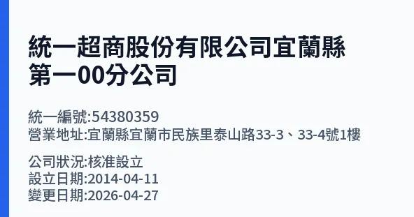 統一超商股份有限公司宜蘭縣第一00分公司的照片-統編 54380359(宜蘭縣) 公司登記資料與營業項目詳細圖表