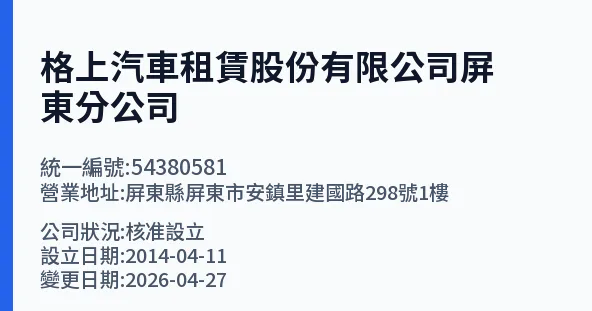 格上汽車租賃股份有限公司屏東分公司的照片-統編 54380581(屏東縣) 公司登記資料與營業項目詳細圖表