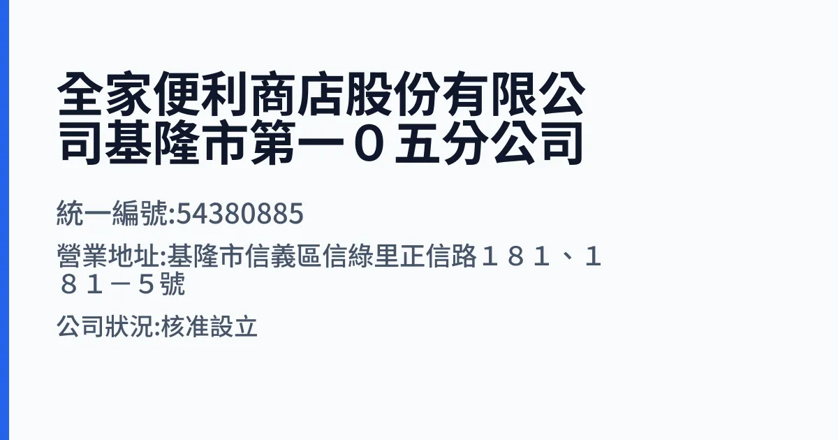 全家便利商店股份有限公司基隆市第一０五分公司 - 統編 54380885(基隆市) 公司登記資料與營業項目詳細圖表