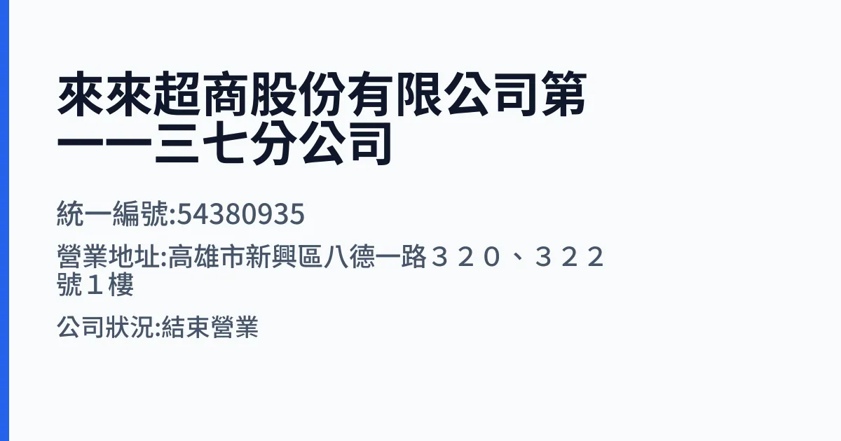 來來超商股份有限公司第一一三七分公司 - 統編 54380935(高雄市) 公司登記資料與營業項目詳細圖表