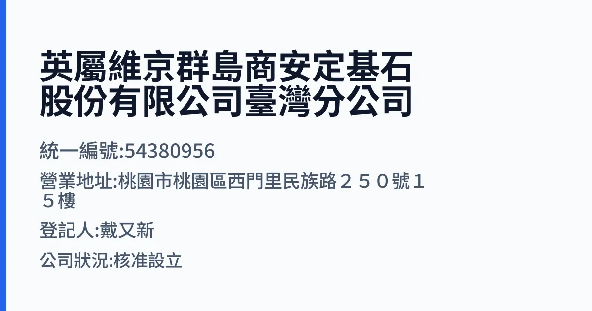 英屬維京群島商安定基石股份有限公司臺灣分公司 - 統編 54380956(桃園市) 公司登記資料與營業項目詳細圖表