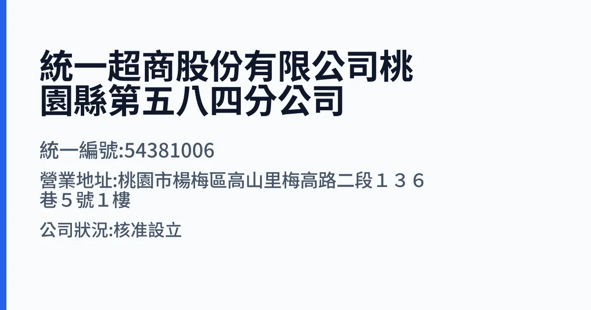 統一超商股份有限公司桃園縣第五八四分公司 - 統編 54381006(桃園市) 公司登記資料與營業項目詳細圖表