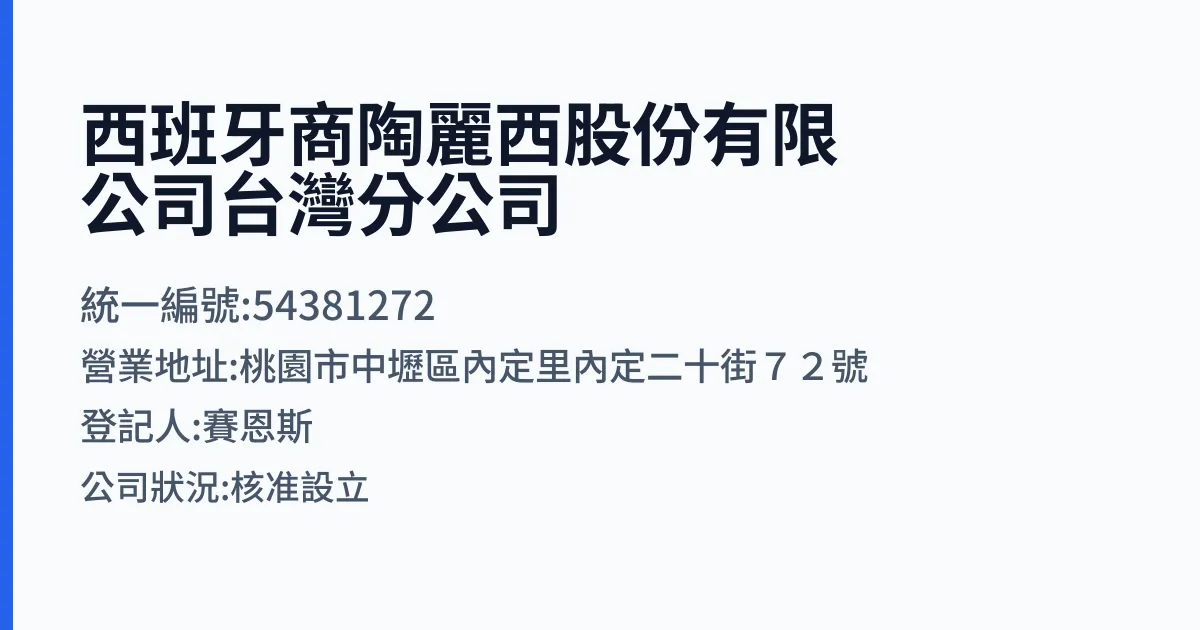 西班牙商陶麗西股份有限公司台灣分公司 - 統編 54381272(桃園市) 公司登記資料與營業項目詳細圖表