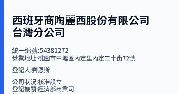 西班牙商陶麗西股份有限公司台灣分公司的照片-統編 54381272(桃園市) 公司登記資料與營業項目詳細圖表