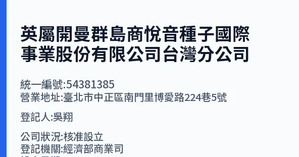 英屬開曼群島商悅音種子國際事業股份有限公司台灣分公司的照片-統編 54381385(臺北市) 公司登記資料與營業項目詳細圖表