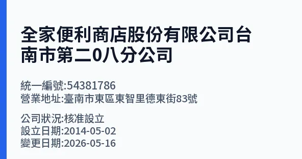 全家便利商店股份有限公司台南市第二0八分公司的照片-統編 54381786(臺南市) 公司登記資料與營業項目詳細圖表