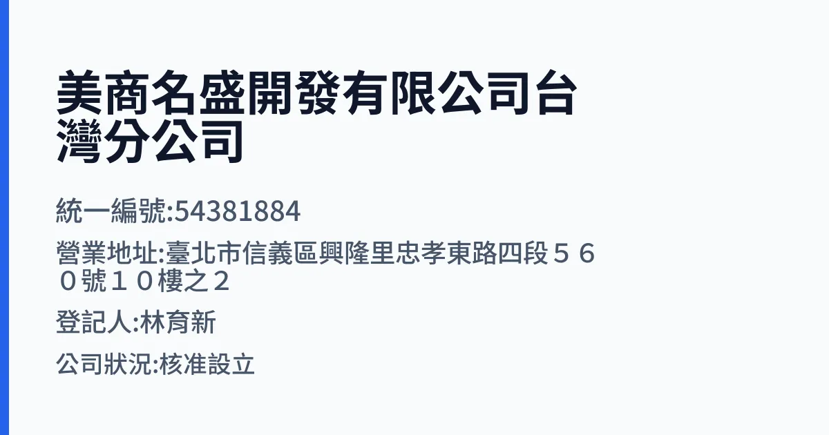 美商名盛開發有限公司台灣分公司 - 統編 54381884(臺北市) 公司登記資料與營業項目詳細圖表