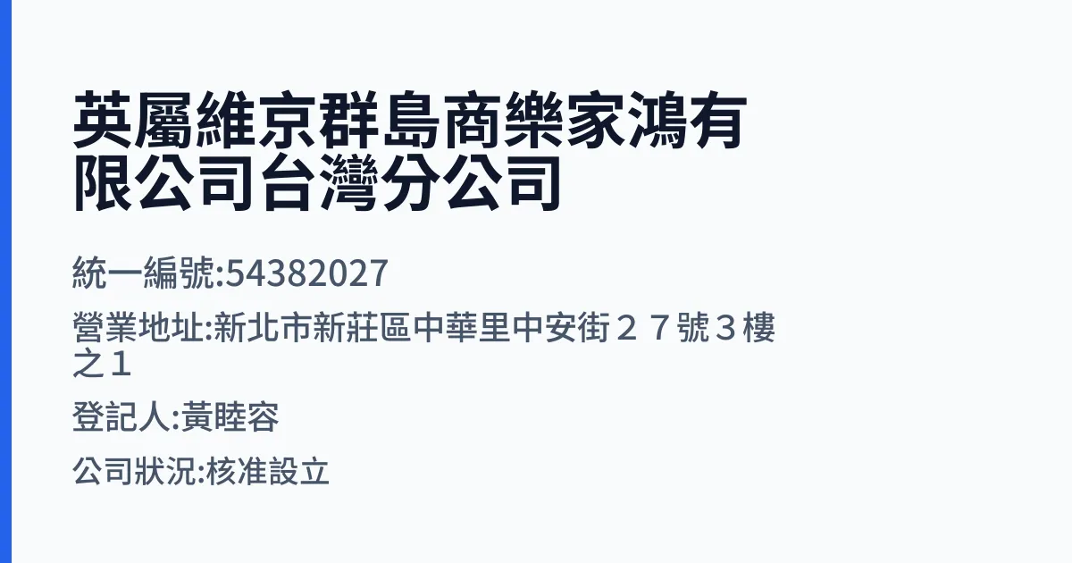 英屬維京群島商樂家鴻有限公司台灣分公司 - 統編 54382027(新北市) 公司登記資料與營業項目詳細圖表