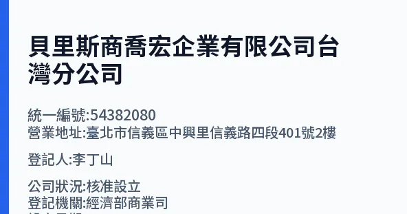 貝里斯商喬宏企業有限公司台灣分公司的照片-統編 54382080(臺北市) 公司登記資料與營業項目詳細圖表