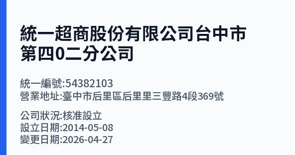 統一超商股份有限公司台中市第四0二分公司的照片-統編 54382103(臺中市) 公司登記資料與營業項目詳細圖表