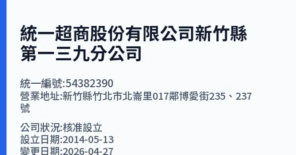 統一超商股份有限公司新竹縣第一三九分公司的照片-統編 54382390(新竹縣) 公司登記資料與營業項目詳細圖表