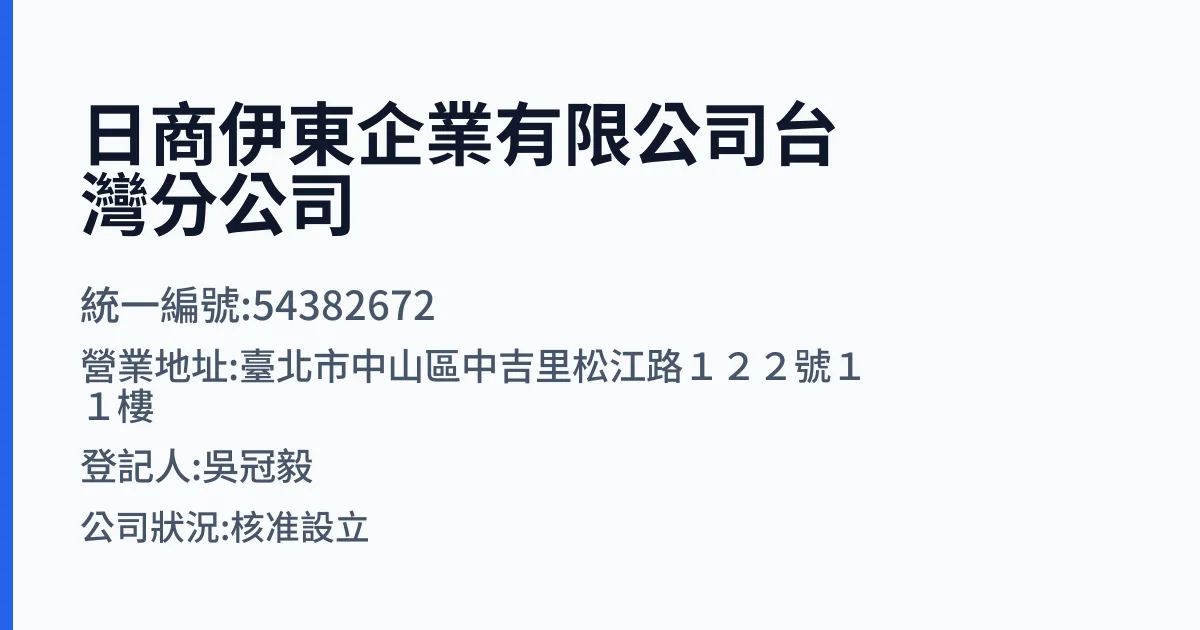 日商伊東企業有限公司台灣分公司 - 統編 54382672（臺北市） 公司登記資料與營業項目詳細圖表