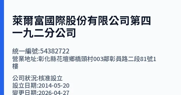萊爾富國際股份有限公司第四一九二分公司的照片-統編 54382722(彰化縣) 公司登記資料與營業項目詳細圖表