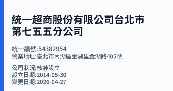 統一超商股份有限公司台北市第七五五分公司的照片-統編 54382954(臺北市) 公司登記資料與營業項目詳細圖表