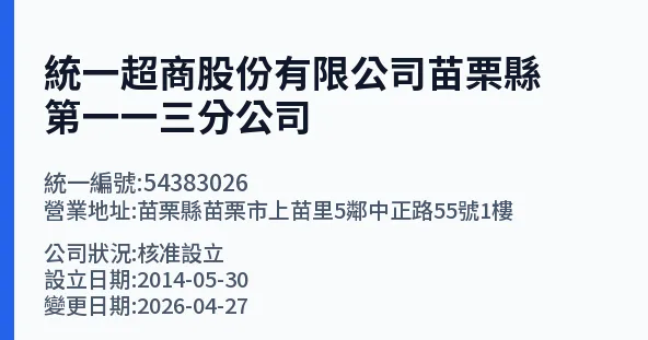 統一超商股份有限公司苗栗縣第一一三分公司的照片-統編 54383026(苗栗縣) 公司登記資料與營業項目詳細圖表