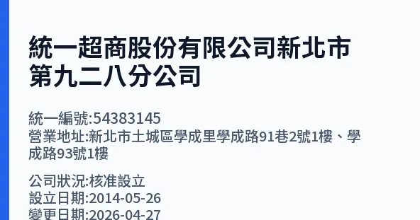 統一超商股份有限公司新北市第九二八分公司的照片-統編 54383145(新北市) 公司登記資料與營業項目詳細圖表