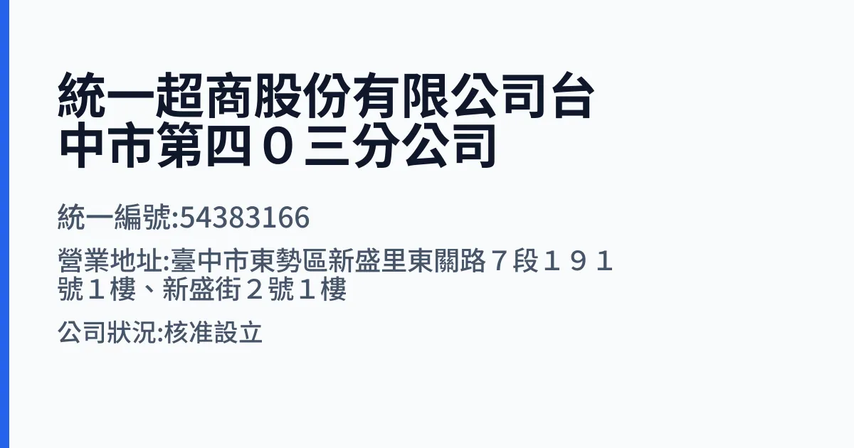 統一超商股份有限公司台中市第四０三分公司 - 統編 54383166(臺中市) 公司登記資料與營業項目詳細圖表