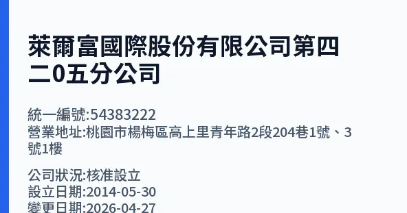 萊爾富國際股份有限公司第四二0五分公司的照片-統編 54383222(桃園市) 公司登記資料與營業項目詳細圖表