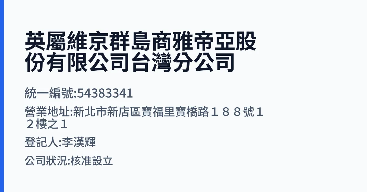 英屬維京群島商雅帝亞股份有限公司台灣分公司 - 統編 54383341(新北市) 公司登記資料與營業項目詳細圖表