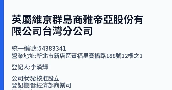 英屬維京群島商雅帝亞股份有限公司台灣分公司的照片-統編 54383341(新北市) 公司登記資料與營業項目詳細圖表