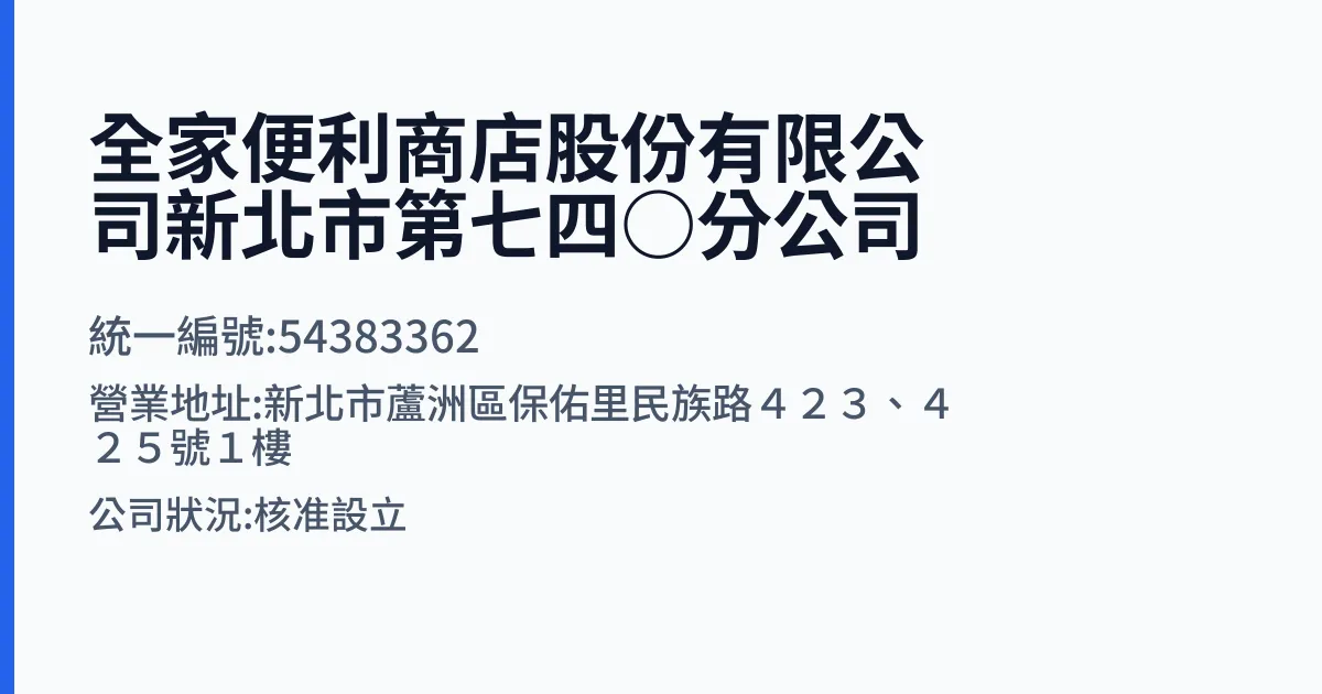 全家便利商店股份有限公司新北市第七四○分公司 - 統編 54383362(新北市) 公司登記資料與營業項目詳細圖表