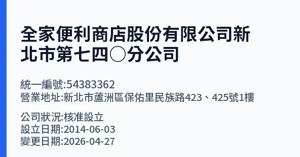 全家便利商店股份有限公司新北市第七四○分公司的照片-統編 54383362(新北市) 公司登記資料與營業項目詳細圖表